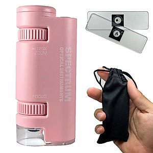EasyMicro 60x-120x LED Lighted Zoom Microscope (Pink) - 2X Bonus Sample Slices and Protective Bag - Spectrum Optical Instruments