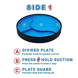 STAYnEAT, High End 2n1 Divided Suction Plate n Scoop Dish w Guard, Non-Slip -Tip -Flip, USA, S/L, Blue (S)