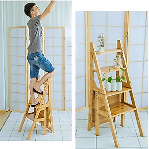 LUCEAE Step Stool Wooden Folding Step Stool Portable Wide Tread Non-Slip Step Chair,Multi-Purpose Step/Stair Chair Home Library 4 Step Closet/Bedroom/Closet/Bedroom Step Stool