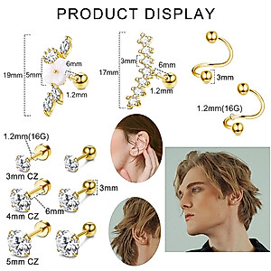 Ubjuliwa 27Pcs 16G Cartilage Earrings Stud Hoop for Women Stainless Steel Forward Helix Piercing Tragus Earrings Conch Piercing Jewelry Gold Tone