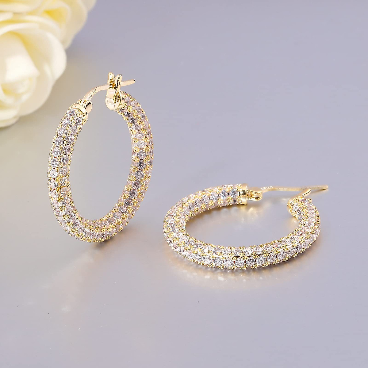 CiNily Hoop Earrings for Women, 925 Sterling Silver Earrings Hypoallergenic 14K Gold Plated Lightweight White Cubic Zirconia Chunky Open Hoops Jewelry 1.2"