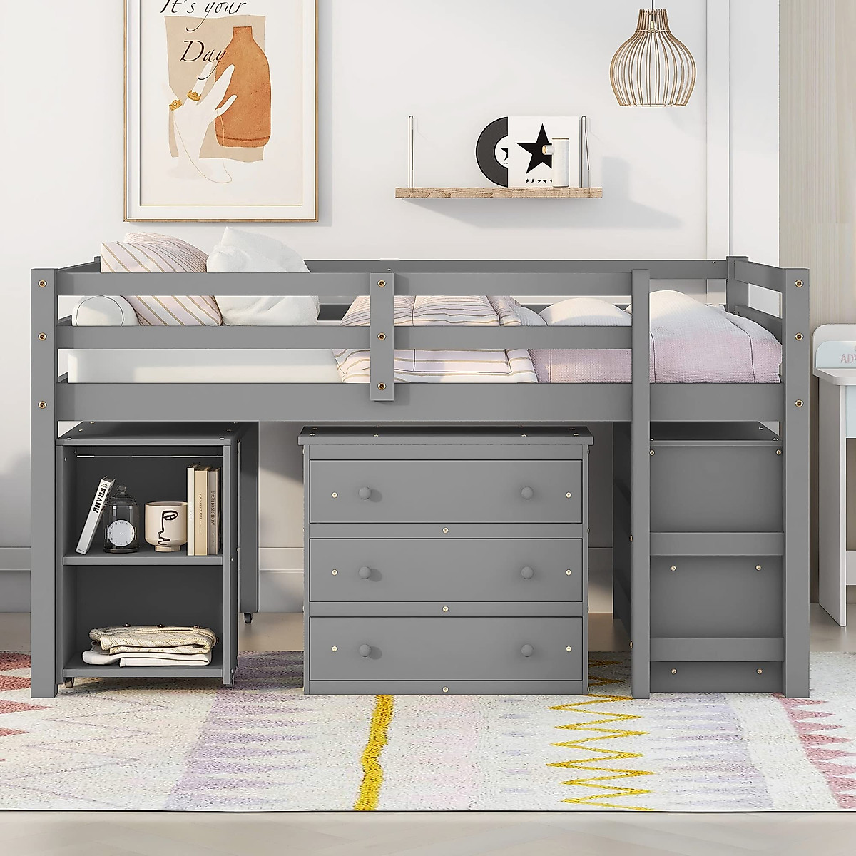 CITYLIGHT Low Full Loft Bed with Desk and Storage Cabinet, Wood Kids Full Size Loft Beds Frame with Storage Shelves & Rolling Portable Desk for Juniors, Teen, Boys & Girls (Full Size, Gray)