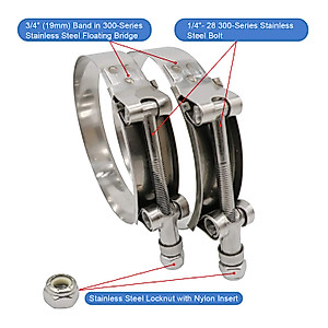 Roadformer 4" T-Bolt Hose Clamp - Working Range 108mm - 116mm for 4" Hose ID, Stainless Steel Bolt, Stainless Steel Band Floating Bridge and Nylon Insert Locknut (108mm - 116mm, 2 pack)