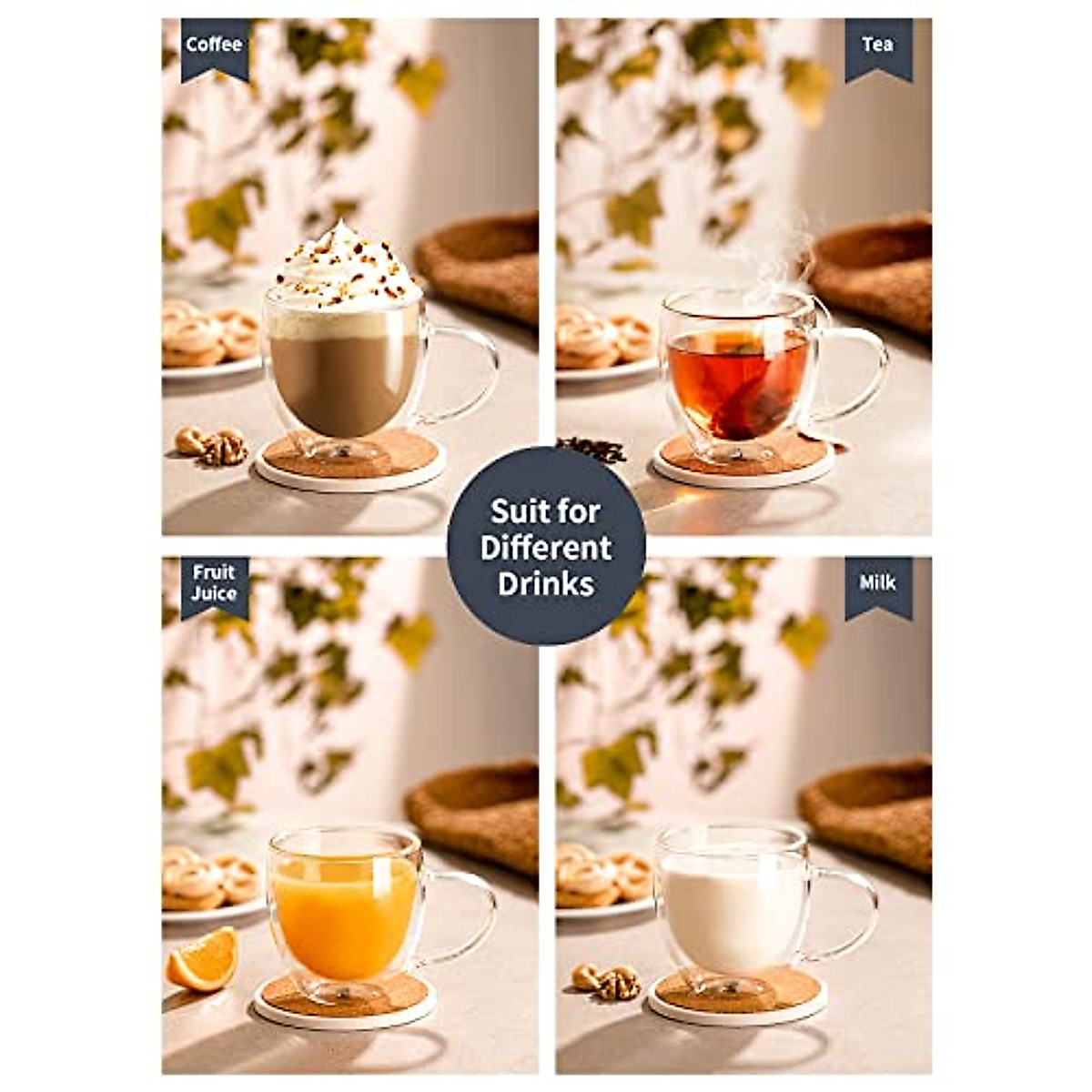 Sweese 8 oz Glass Coffee Cups - Double Wall Insulated Glass Coffee Mugs Set with Handle, Perfect for Espresso, Latte, Cappuccino, Set of 4-415.101