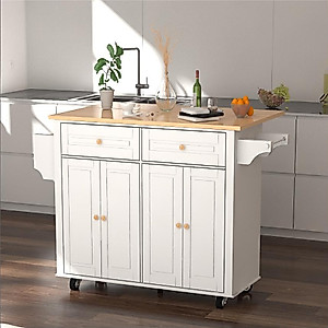 Kitchen Island Cart with Drop Leaf, Rolling Mobile Kitchen Island Table on Wheels with Storage Cabinet, Drawer, Spice/Towel Rack, White