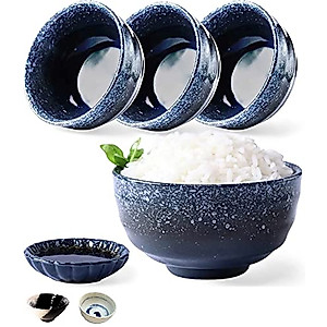 8 Pieces Japanese Fuji Blue Style. 4 Ceramic Miso & Rice Bowls Set Plus 4 Small Soy Sauce bowl Plates Included. 8 oz. Japan, Korean & Chinese. Portion Control Ramen Soup Capable. (Dark Blue, 4.1in x4)