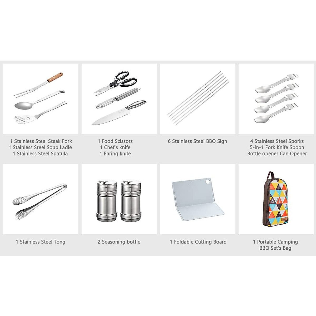 Portable Camping Kitchen Utensil Set, BBQ-21 PCS with Carrying Bag, Stainless Steel Outdoor Cooking and Grilling Utensil, Perfect for Travel, Picnics, RV, Camping