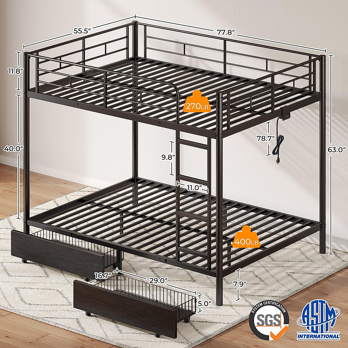 Rolanstar Metal Bunk Bed Full Over Full with USB Charging Station, LED Bunk Bed with 2 Storage Drawers, Bed with Safety Guardrail & Ladders, No Box Spring Needed, Easy Assembly, Black