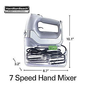 Hamilton Beach Professional 7-Speed Digital Electric Hand Mixer with High-Performance DC Motor, Slow Start, Snap-On Storage Case, SoftScrape Beaters, Whisk, Dough Hooks, Silver and Chrome (62657)