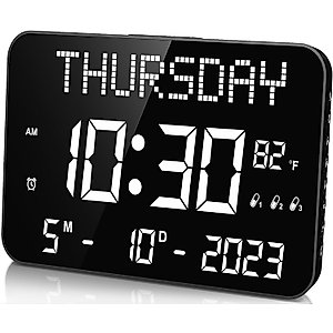 Upgraded 11.2" Large Digital Calendar Clock with Day and Date - Remote Control, 4 Alarms & 8 Sounds, LED Digital Wall Clock with Loud Volume for Seniors, Dementia, Adjustable Dimmer | Temperature| DST