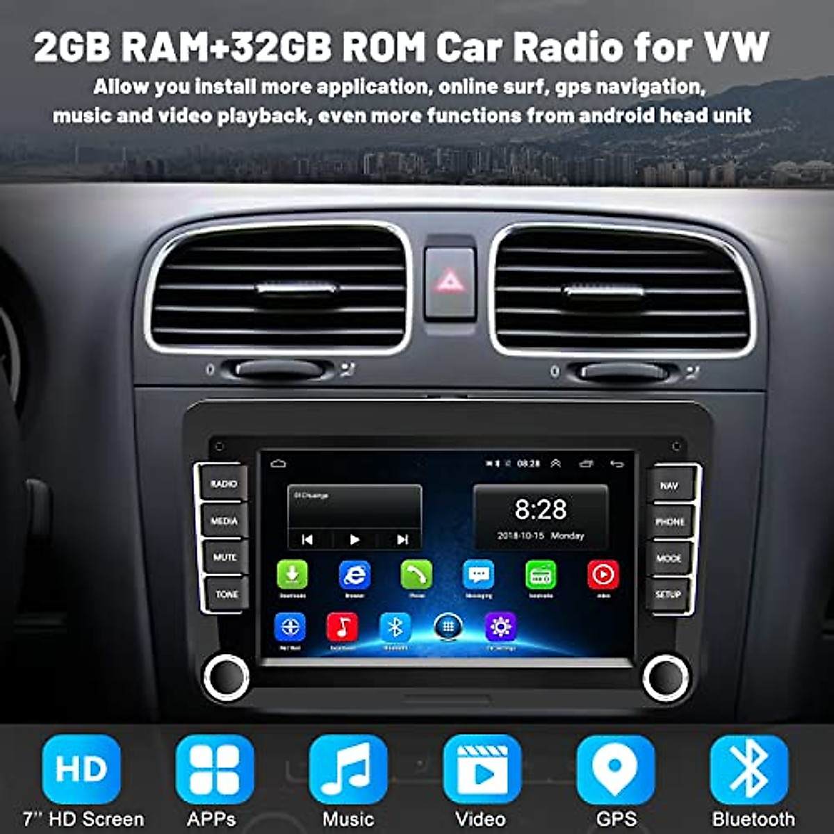 【2+32GB】 Android Car Stereo for VW Passat Golf Polo Jetta Radio, Hikity 7'' Touch Screen in Dash GPS Navigation Bluetooth Car Audio Receiver Support WiFi Mirror Link FM Radio SWC+ Backup Camera