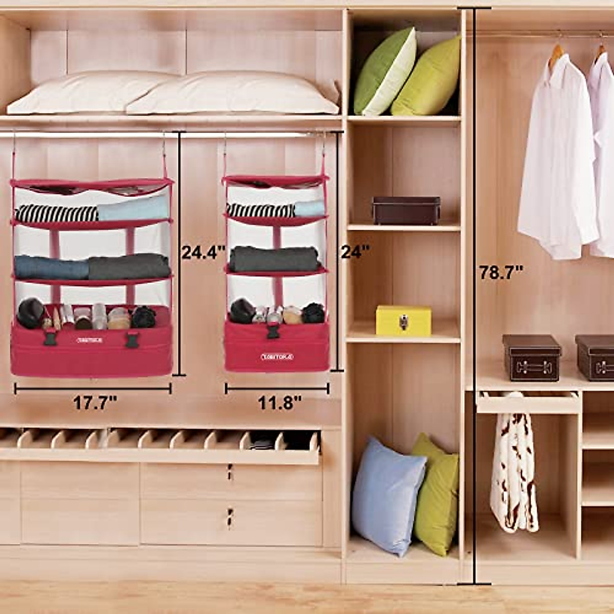 TABITORA Portable Hanging Travel Shelves Bag Packing Cube Organizer Suitcase Storage Large Capacity Rose L+XL