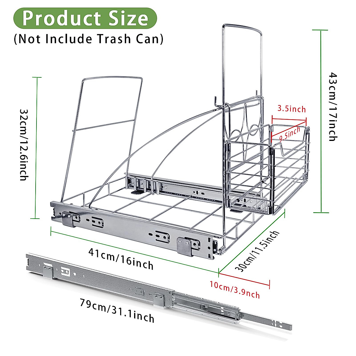 Cabinet Trash Can Pull Out Kit with Removable Front Basket for Garbage Bag Storage, Under Sink Trash Can Slide for 7-11 Gallon/28-44 Qt Garbage Cans Kitchen Trash Can (Not Include Trash Can)