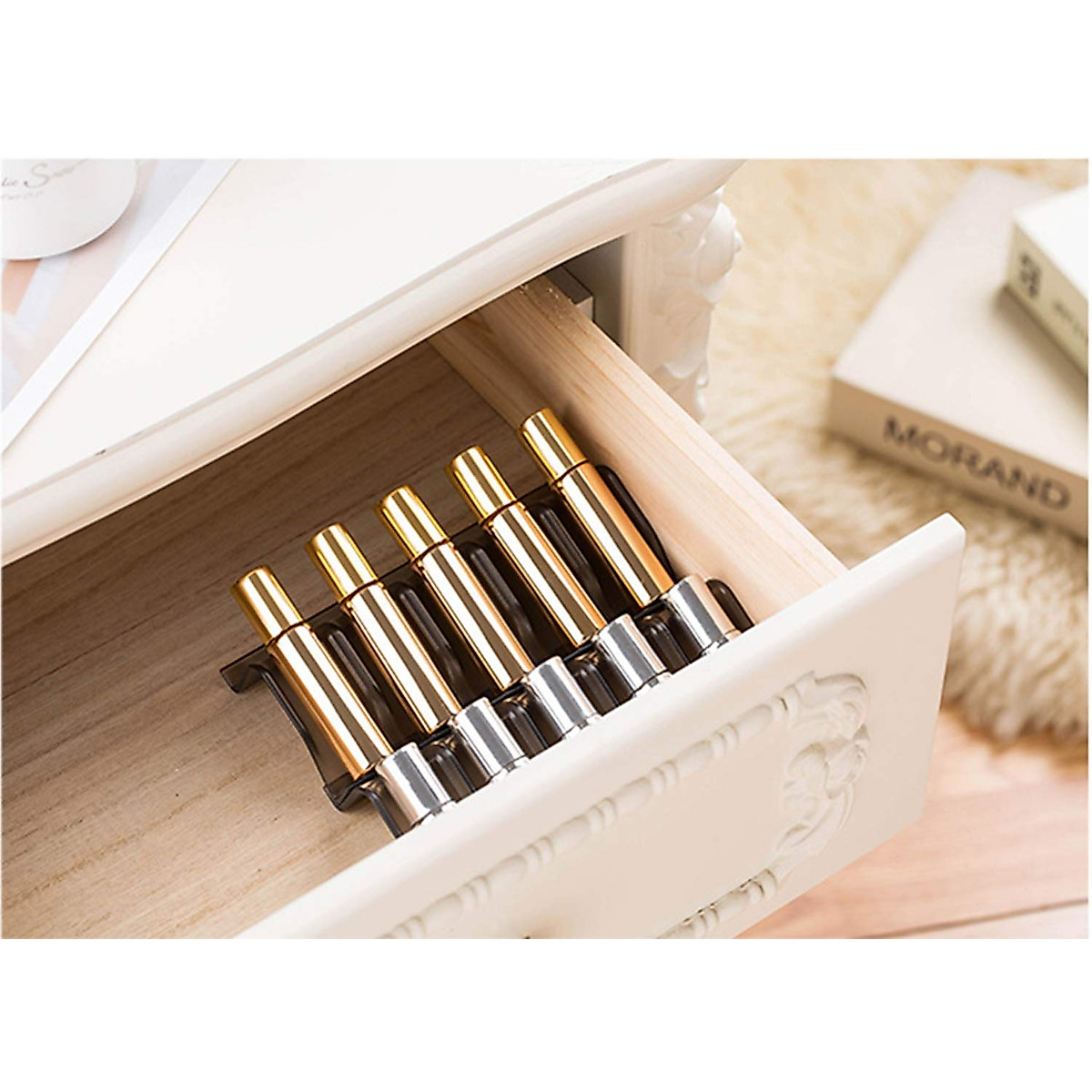 HAN SHENG 8 Pcs Shelf Essential Oils Storage Racks Oil Bottles Expandable Essential Oil Holders Convenient Storage for Organizing Displaying Spice Oils Racks (Black)