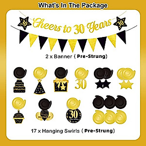PRE-STRUNG 30th Birthday Banner, Cheers to 30 Years Banner, Happy 30th Birthday Hanging Swirl Ceiling Decoration for Men Women Him Her, Black Gold 30 Year Old Birthday Party Decor Kit, 30PCS, Vicycaty