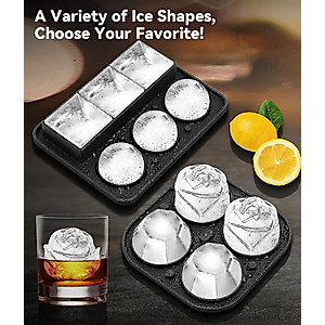Ice Cube Tray with Lid, Silicone Ice Molds with Round, Square, Diamond, Rose, Large Ice Cube Mold for Whiskey, Bourbon, Cocktails, Easy Release BPA Free, Set of 2