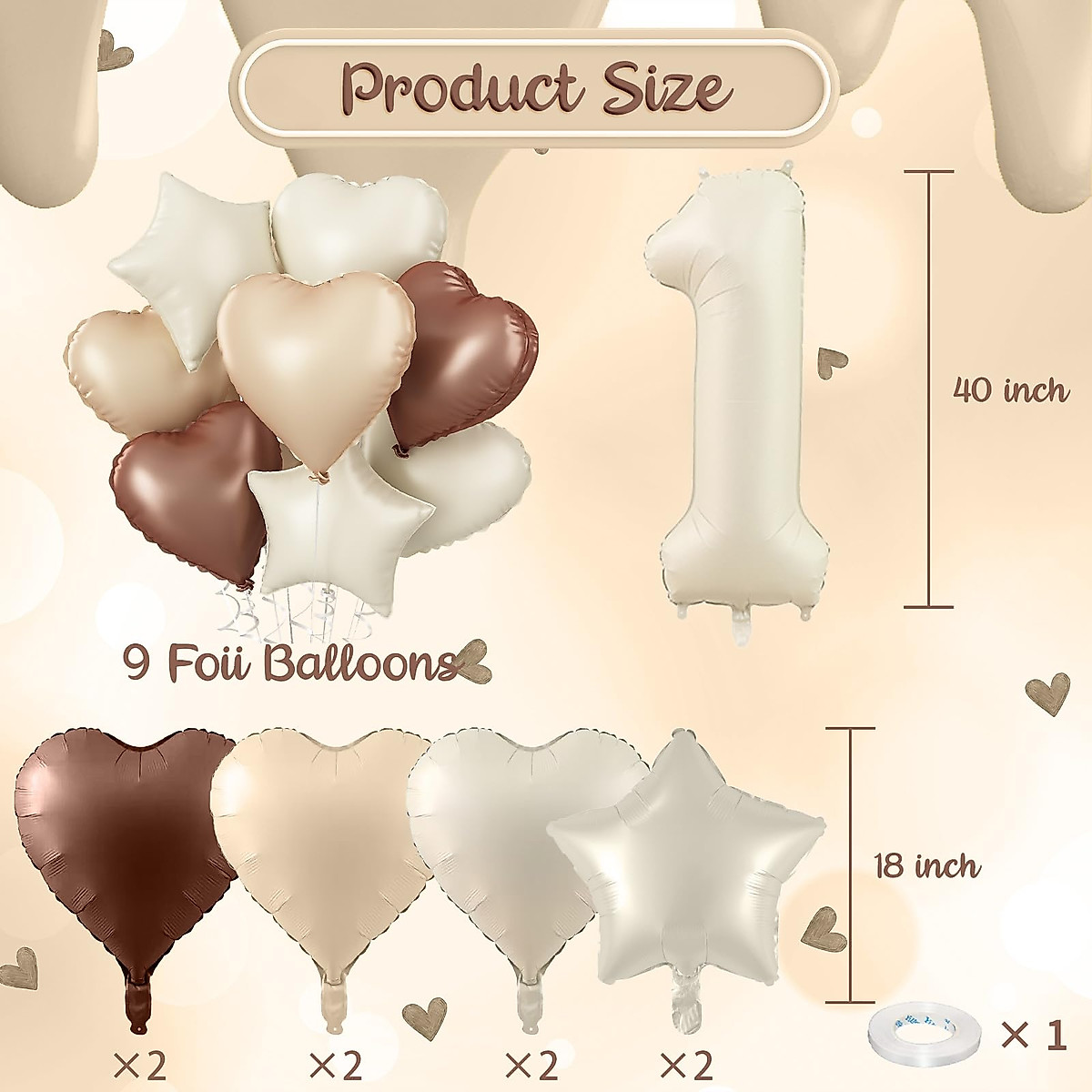 40 Inch Cream 1 Balloon Decor, Beige Tan Brown Heart Balloons, Foil Neutral Nude Sand White Helium Star Number 1 Balloons for Girls 1st Birthday Anniversary Baby Shower Party Boho Decoration Supplies