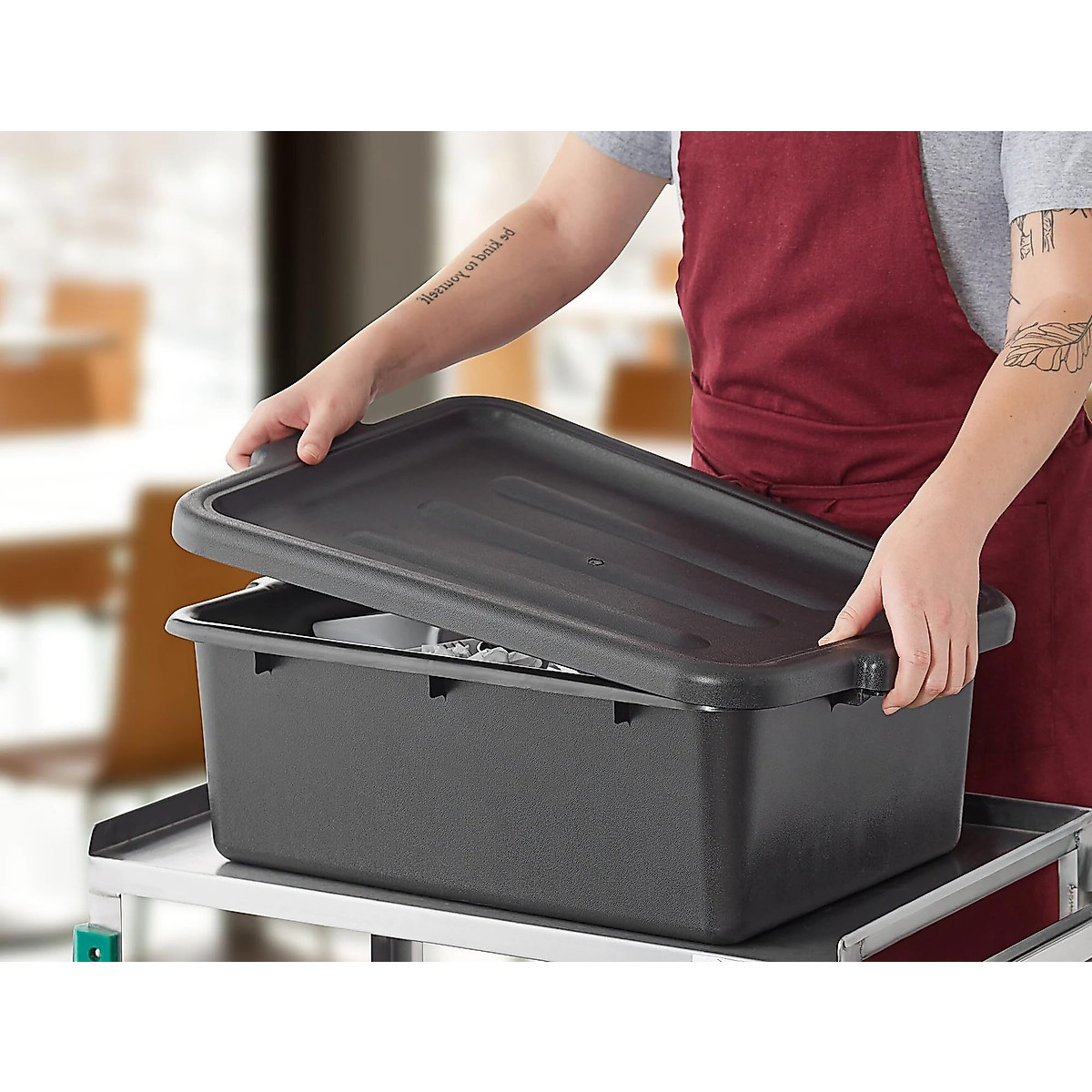 WEBSTORE SUPPLY Big Plastic Bus Tub With Lid, Black Bus Box, Food Service Bus Tub, Storage Bin, Plastic Tote, Large Restaurant Dishwasher Bus Tub With Lid 20" x 15" x 7"