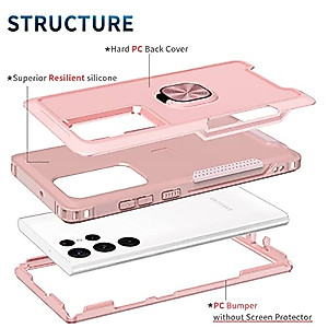 LONTECT for Galaxy S22 Ultra 5G Case with Ring Holder Kickstand 3 in 1 Shockproof Heavy Duty Hybrid Sturdy High Impact Protective Case for Samsung Galaxy S22 Ultra 5G 2022, Rose Gold