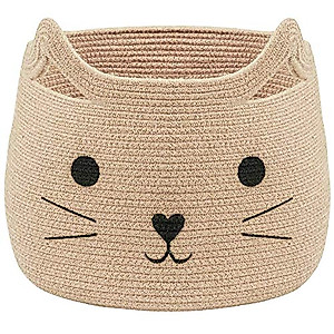 VK Living Animal Baskets Large Woven Cotton Rope Storage Basket with Cute Cat Design Animal Laundry Basket Organizer for Towels, Blanket, Toys, Clothes, Gifts – Pet or Baby Gift Baskets 15‘’ L x 14H
