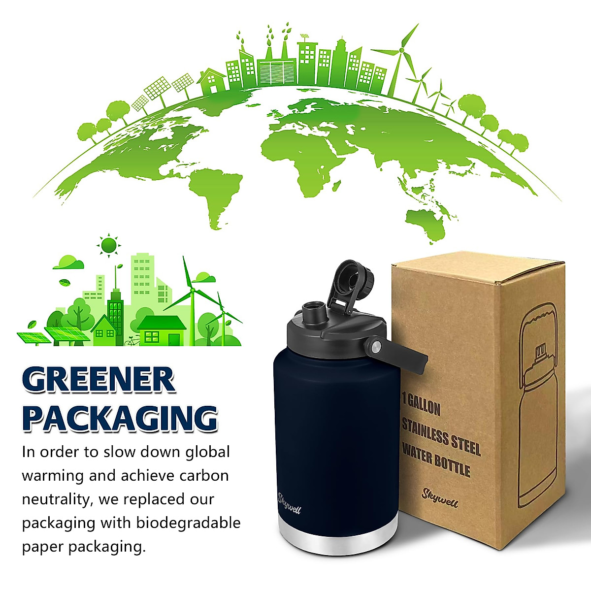 SkyWell 1 Gallon Insulated Water Bottle with Handle and Wide Mouth Water Flask Sweat-Proof and Leak-Proof 128 Oz Stainless Steel Water Jug for Outdoors, Navy