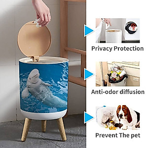 JWHFZMANPYK Round Trash Can with Lid Beluga Whale Press Top Recycle Bin Small Garbage Can Dog Proof Wastebasket Wooden Legs Bathroom Kitchen 7L/1.8 Gallon