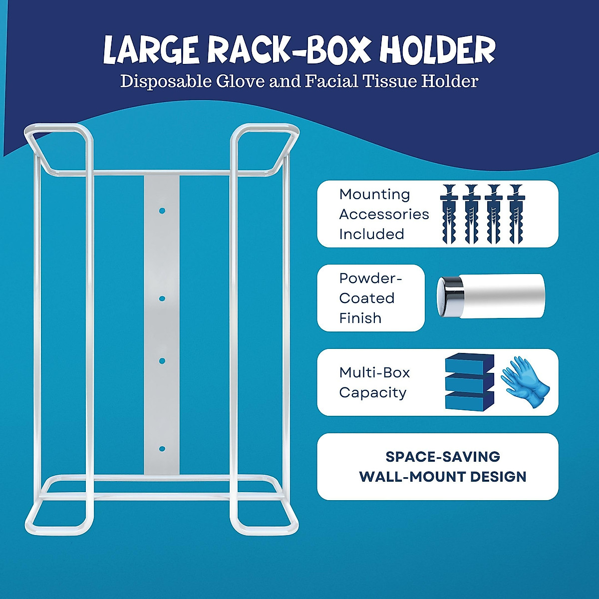 PERFORMORE Large Disposable Glove and Facial Tissue Wire Rack- Box Holder, Holds Up To 3 Boxes, Dispenser, Wall Mount Design With Mounting Accessories Included