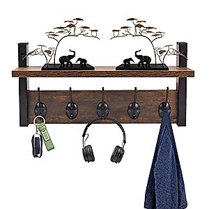 Dilyvoli Coat Hooks with Shelf Wall Mounted,Rustic Wood Entryway Shelf with 5 Metal Hooks,Hanging Shelf Mounted Coat Rack and Upper Shelf for Storage,Bathroom,Bedroom,Kitchen,Living Room,Mudroom