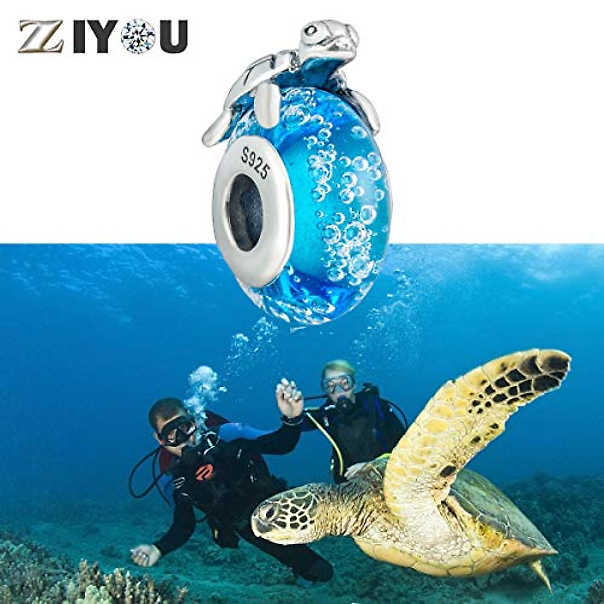 Sea Turtle Charms, on a Blue Bubble Murano Glass Beads, Fit Pandora Ocean Bracelets-925 Sterling Silver Tropical Marine Life Charm Hawaii Vacation Summer Travel