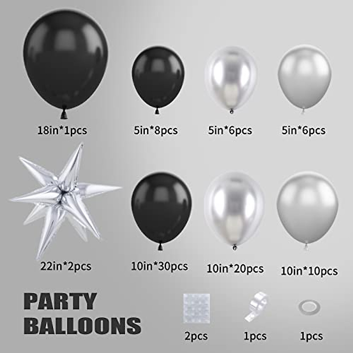 Black Silver Balloons Garland Kit, Black Silver Balloons Arch Kit With Black and Metallic Silver Latex Balloons, Black Silver Balloons Arch for Birthday Wedding Anniversary Party Supplies