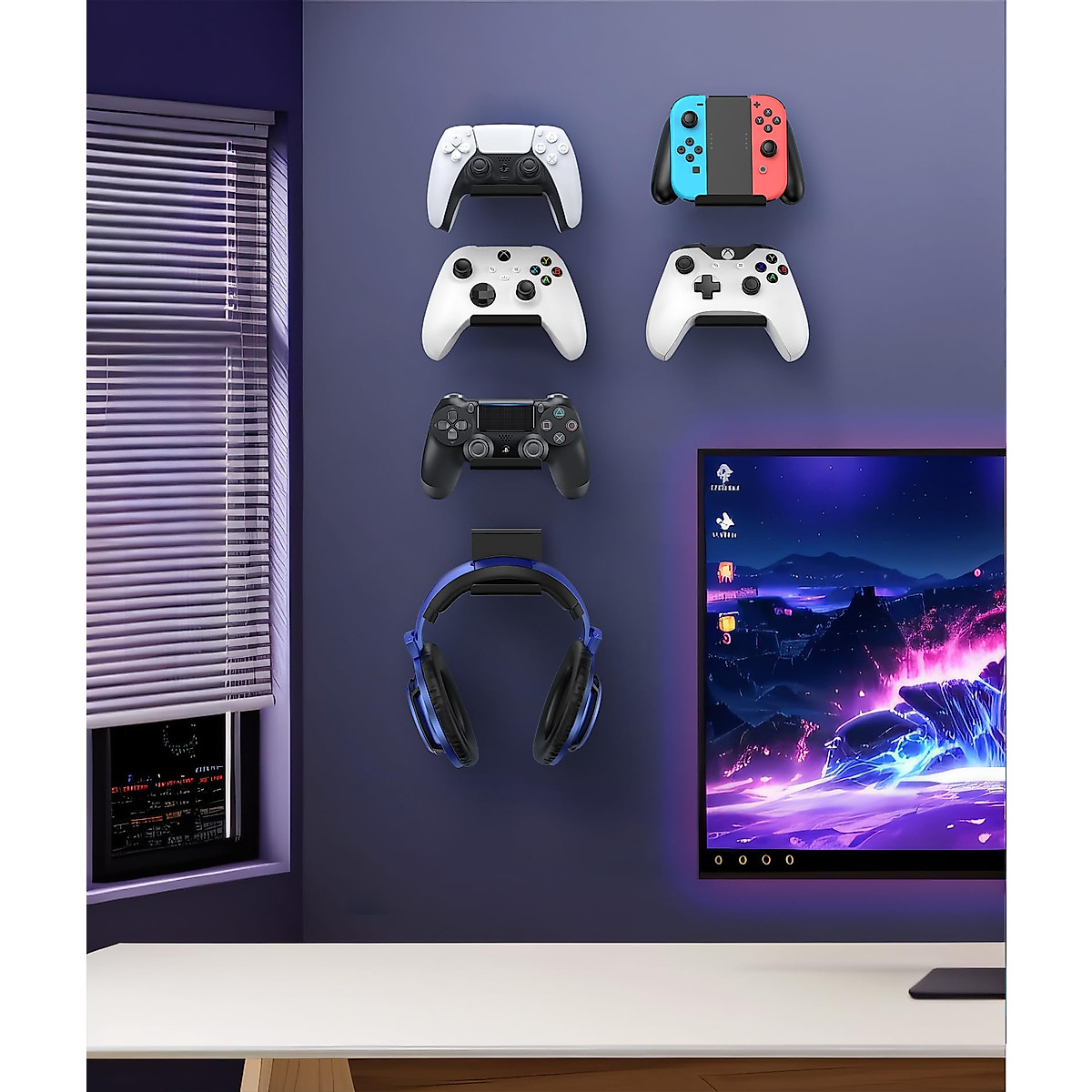 4 Pack Foldable Controller Wall Mount Holder for Xbox PS5 PS4 PS3 Switch Pro Strong Adhesive/Screw Upgraded Controller Stand Hanger with Anti-slip Pad Universal Gaming Remote & Headphone Accessories