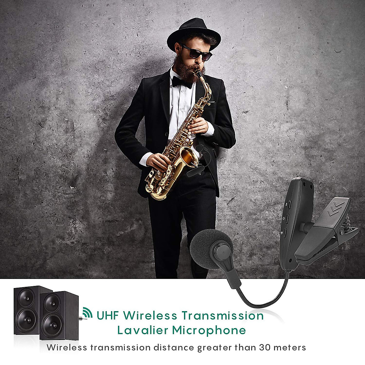 Wireless Instrument Microphone,UHF Clip Condenser Mic,for Horns,Trumpets,Clarinets, Saxophones, Cello, Computer, Phone, Speakers, Voice Amplifier 131ft Range, 1/8 and 1/4'' Port