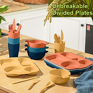 Honoson 24 Pcs Wheat Straw Dinnerware Cutlery Set Including Divided Plates Microwave Dishwasher Safe Bowl Unbreakable Tableware Straw Cutlery Spoon Knife Fork Cup(Bright Color)