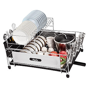 Hasfu Large Dish Drying Rack with Drainboard Set, 2 Tier Stainless Steel Dish Racks for Kitchen Counter, with Drainboard, Utensil Holder, Glass Holder,Silicone Anti-Skid Support (Black)