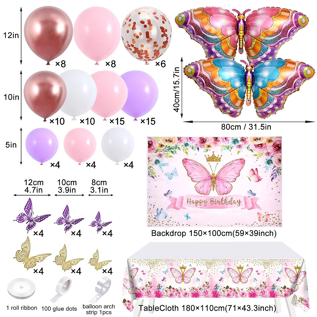 Winrayk Butterfly Birthday Party Decorations Girls Women, Pink Purple Butterfly Balloons Arch & Backdrop Tablecloth Butterfly Wall Decor Foil Balloons, Fairy Butterfly Theme Party Decorations Supplies