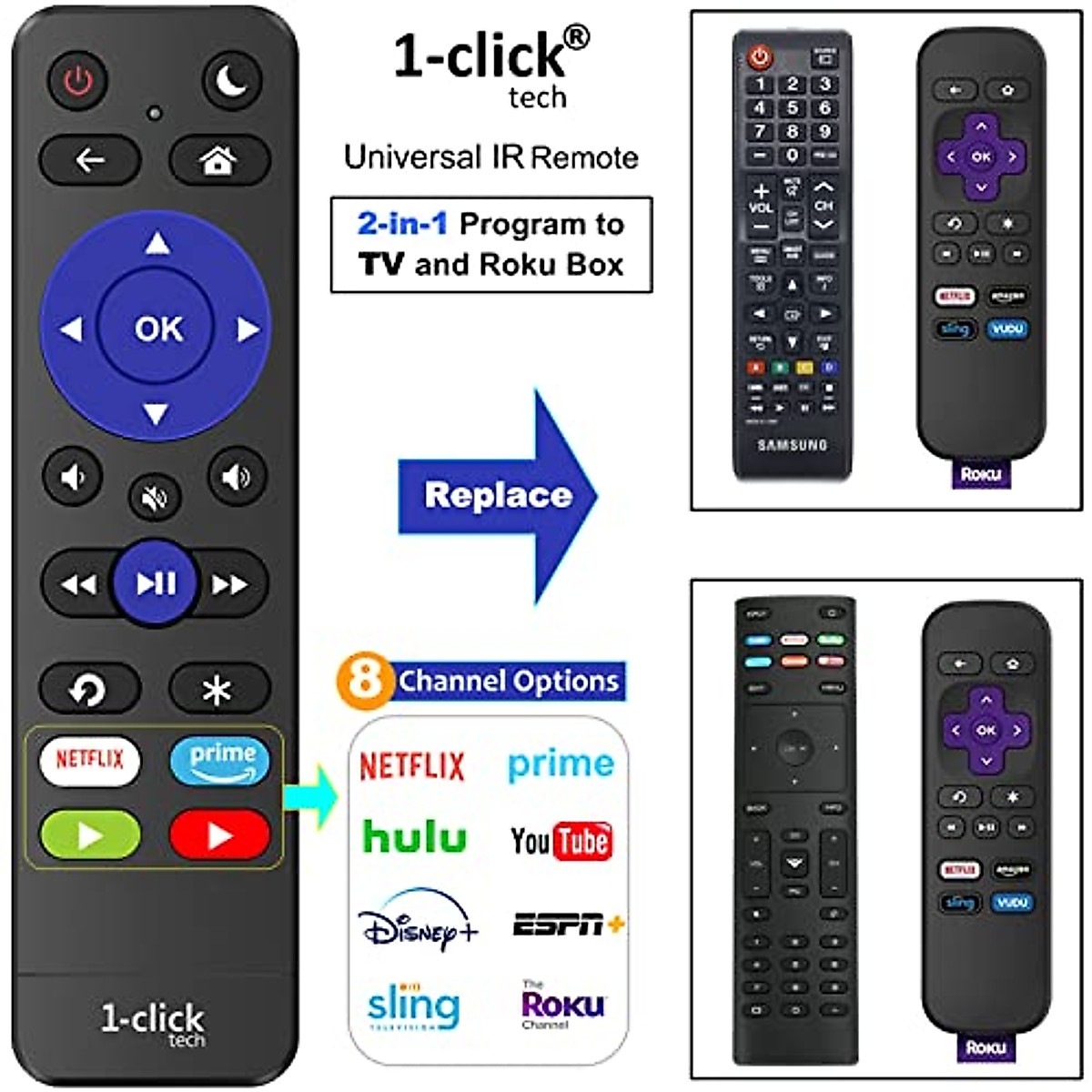 1-clicktech Remote for All Roku TV Brands [TCL/Hisense/Sharp/Insignia/ONN/Philips/Sanyo/JVC/.] and for Roku Players/Express/Ultra w/TOP Volume Buttons and Channel-Lock [NOT for Roku Stick]