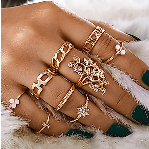 Octwine Dainty Star Leaf Knuckle Rings Gold Rings Set Bohemian Open Rings Set Jewelry Rings Accessory for Women and Girls(9 pcs)