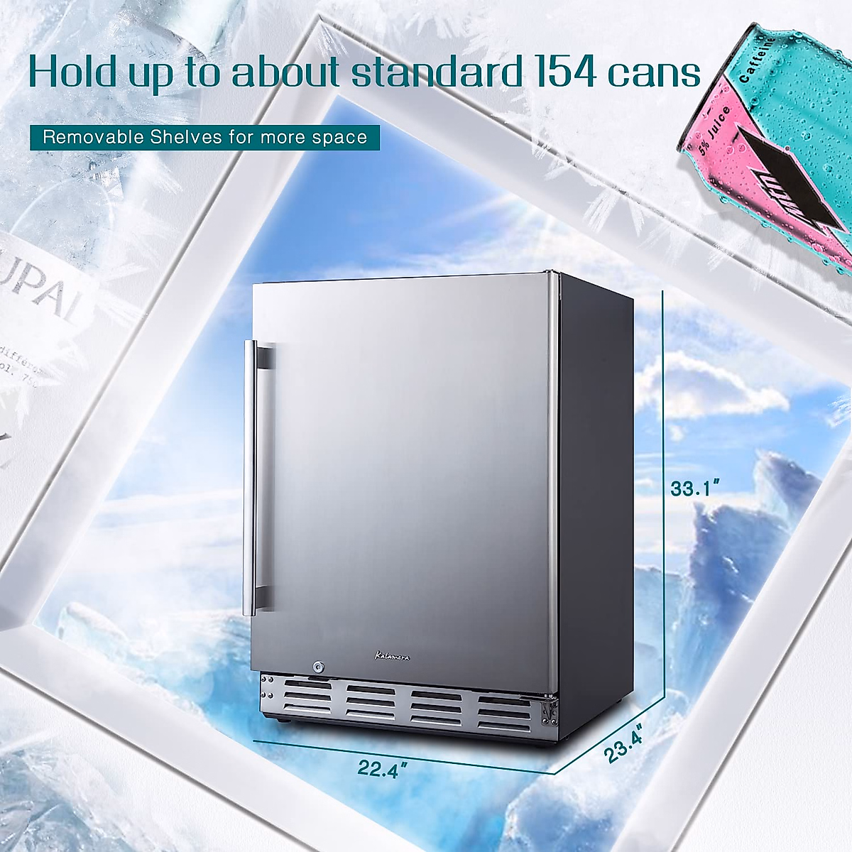 Kalamera Beverage Refrigerator, 24 inch Under Counter Beverage Cooler for 154 Cans w/ 32-41℉ Temperature Range, Beer Fridge with Stainless Steel Door