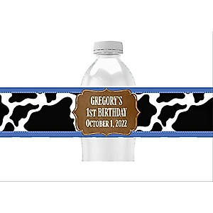 Cowhide Personalized Water Bottle Labels, Birthday Party Favors, Pack of 25, Waterproof, Peel and Stick Wrappers (Black)