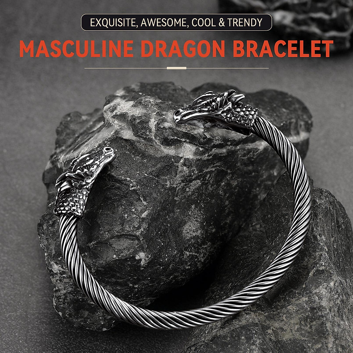 FaithHeart Dragon Head Cuff Bracelet for Male Adjustable Stainless Steel Punk Gothic Viking Bangles for Boyfriend