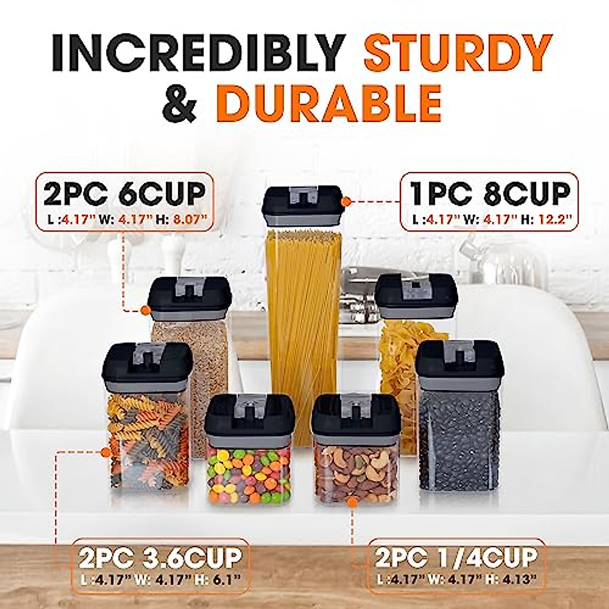 Cheer Collection Airtight Food Storage Containers, Kitchen Storage Containers for Pantry, Set of 7 Food Containers with Lids Airtight, Pantry Storage Containers & Organizers with Lids, Black