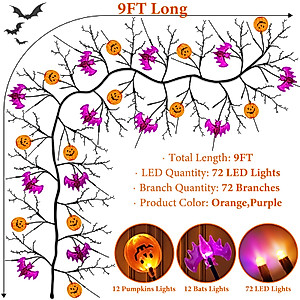 9FT 72LED Halloween Decorations Willow Vine Twig Garland with 8 Modes Orange Purple Lights & Timer &12 Pumpkin Bat,Battery Operated Halloween Garland for Mantel Table Fireplace Indoor Home Decor