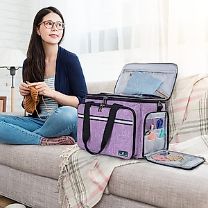 PAVILIA Knitting Bag Yarn Storage Tote - Crochet Organizer Bag, Yarn Storage Holder with Dividers for Knitting Accessories, Yarn Skiens, Needles, Hooks, Unfinished Project (Heather Purple)
