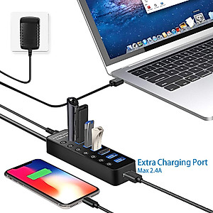 USB Hub 3.0 Powered, LYFNLOVE USB Extender Multiple USB Port USB Hub Splitter for Laptop PC with Power Adapter and 1 Charging Port, USB Expander with On/Off Switches for MacBook, iMac, Surface Pro