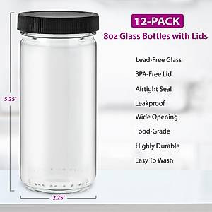 DilaBee 12-Pack Glass Juice Bottles with Lids - 8oz Glass Bottles with Lids for Smoothie, Water, Milk & Kombucha - Small Glass Bottles for Juicing - Round Glass Water Bottles with Caps BPA Free
