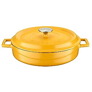 LAVA 3.7 Quart Enameled Cast Iron Braiser: Multipurpose Stylish Yellow Round Dutch Oven Pot with Enameled Black Interior and Trendy Lid