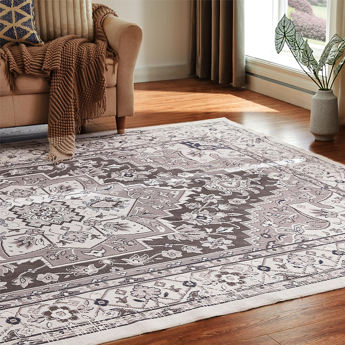 Washable Rug 6x9, Area Rug for Living Room Bedroom Rug Lightweight Large Area Rug Thin Vintage Rug No Smell Machine Washable Rug Accent Rug for Dining Room Home Kitchen, Brown