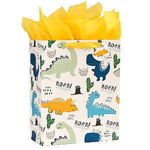 SUNCOLOR 13" Large Gift Bag with Tissue Paper for Kids (Dinosaurs)