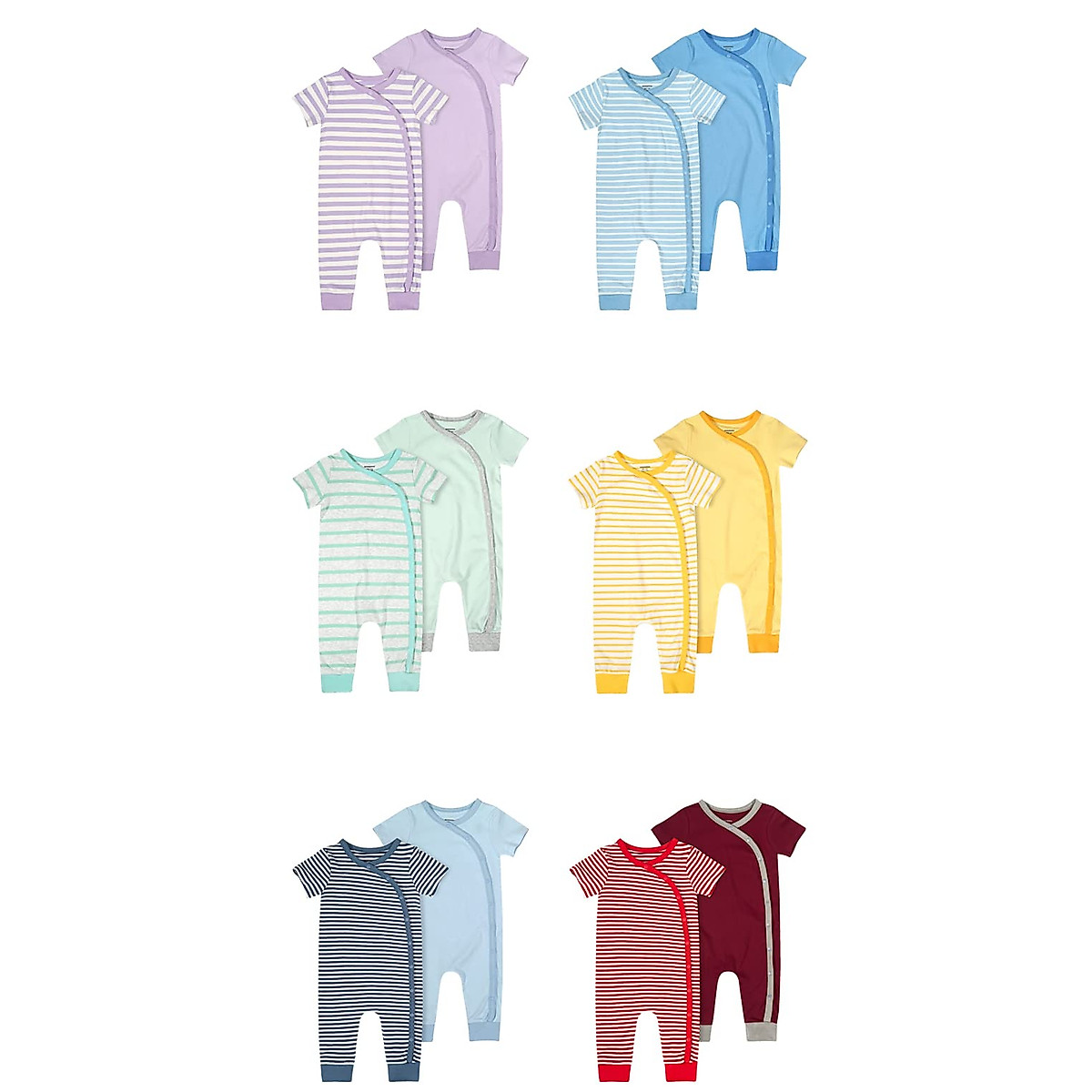 Teach Leanbh Baby Boys Girls 2 Pack Footless Pajamas Cotton Short Sleeve Side Snap Romper Jumpsuit Sleep and Play (Blue+Gray stripe, 12-18 Months)