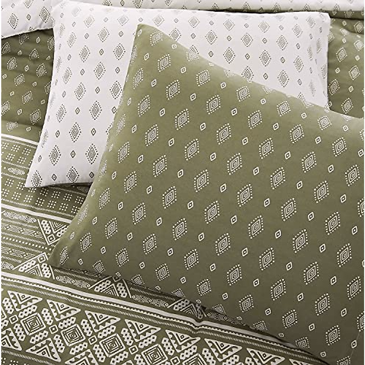 Geniospin Full Comforter Set, Olive Green Boho Aztec Comforter Set 8 Pieces, All Season Reversible Bed in A Bag, Soft Microfiber Fill Bedding, Lightweight, Warm and Breathable (Full, 80"x90")